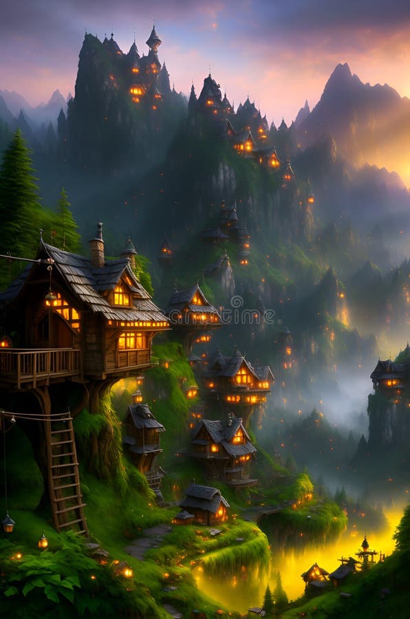 Enchanted Treehouse Valley, Generative AI Stock Image - Image of ...