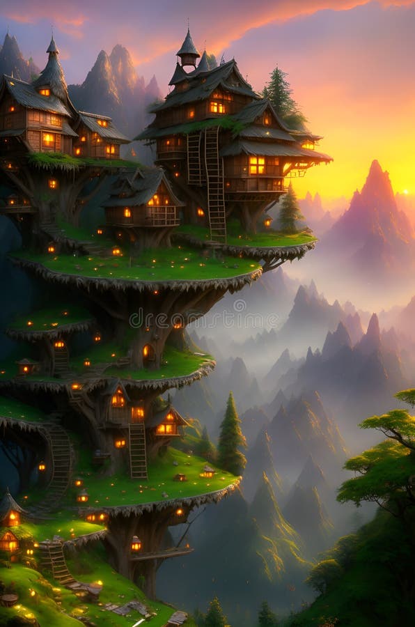 Enchanted Treehouse Valley, Generative AI Stock Illustration ...