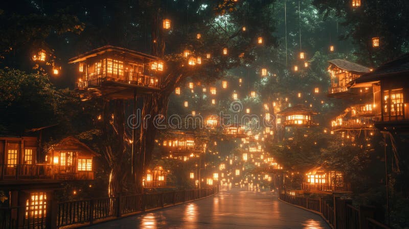 Enchanted Treehouse Village at Night Stock Illustration - Illustration ...