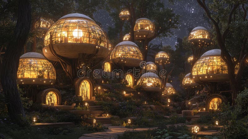 Enchanted Treehouse Village in Snowy Forest at Night Stock Illustration ...