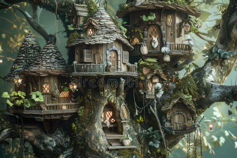 Enchanted Treehouses in a Mystical Forest Scene Stock Illustration ...