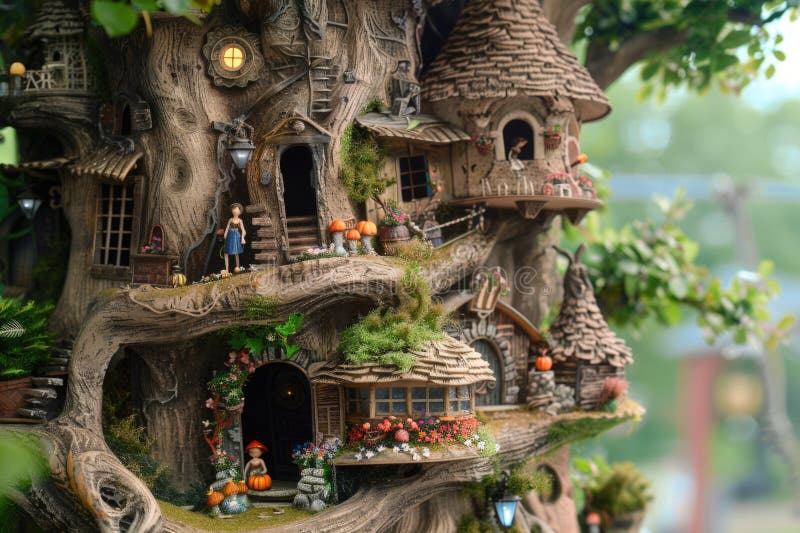 Enchanted Treehouses in a Mystical Forest Scene Stock Illustration ...