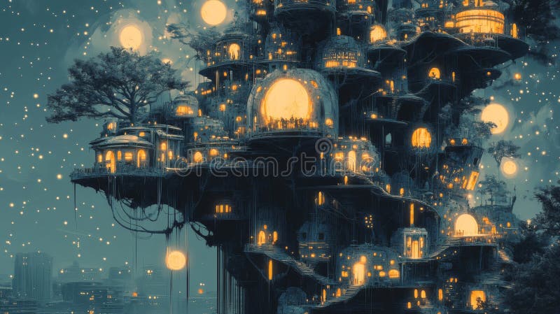 Enchanted Treetop City at Night Stock Illustration - Illustration of ...