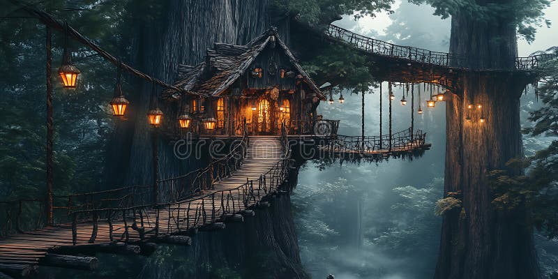 Enchanted Treetop Village Fantasy Forest Background Image Stock ...