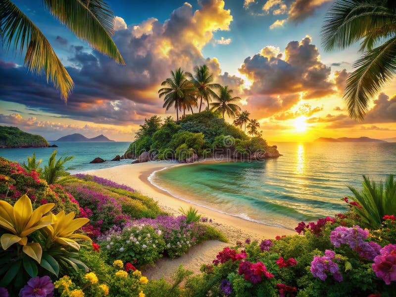 Enchanted Tropical Island a Panoramic 3D Render of a Spring Blossom ...