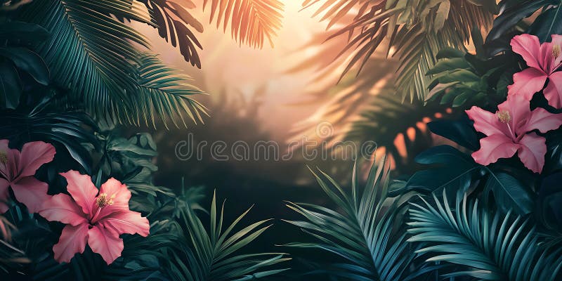 Enchanted Tropical Sunset stock illustration. Illustration of lush ...