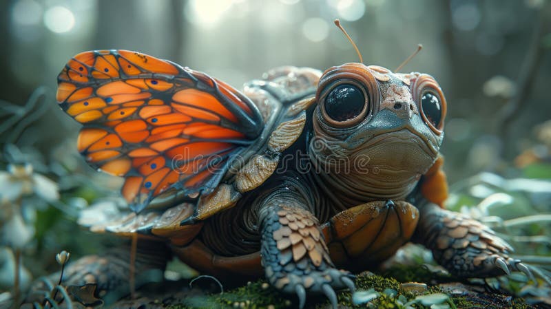 Enchanted Turtle-Butterfly-Owl Creature Perched on Mossy Rock in ...
