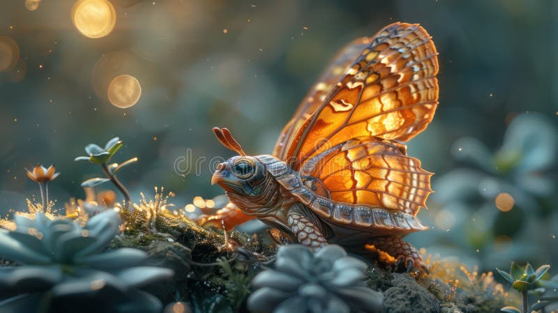 Enchanted Turtle-Butterfly-Owl Creature Perched on Mossy Rock in ...