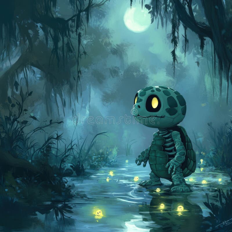 Enchanted Turtle in Mystical Forest at Night Stock Illustration ...