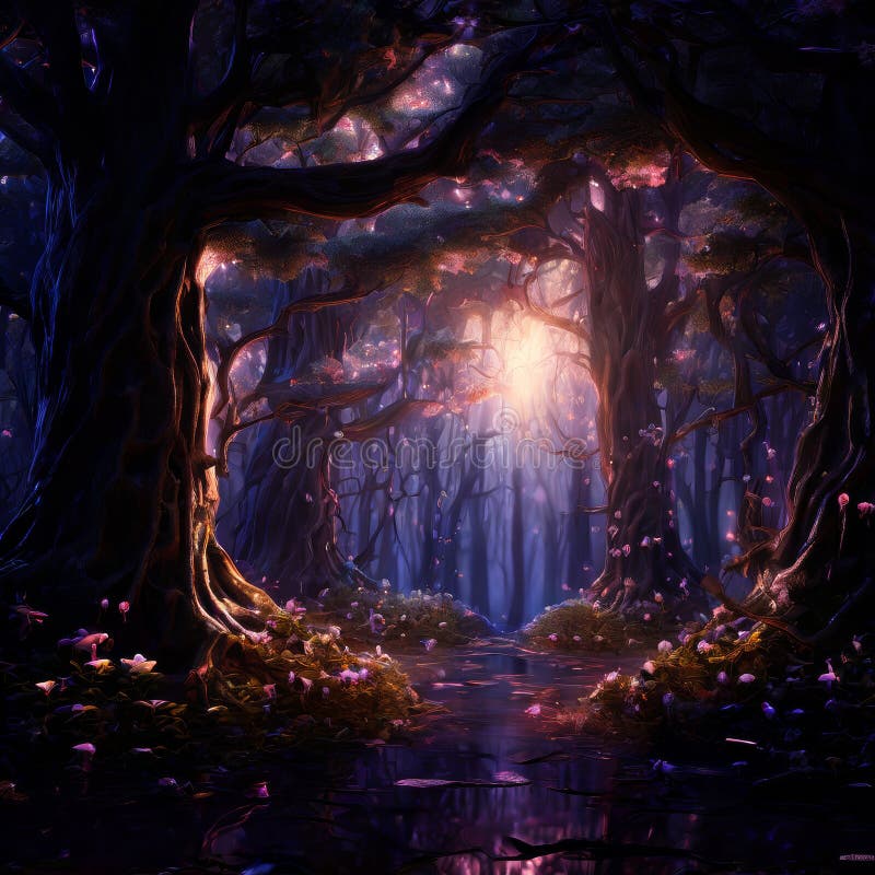 Enchanted Twilight Forest with Glowing Light through Trees Stock Photo ...