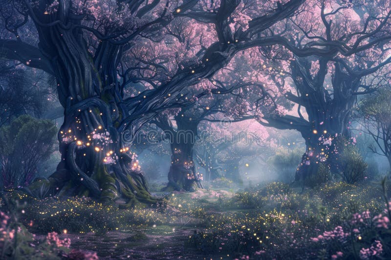 Enchanted Twilight Forest with Mystical Trees and Glowing Lights Stock ...