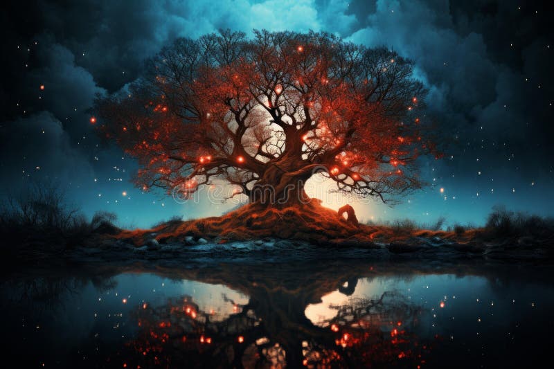 Enchanted Twilight Tree with Reflective Water Stock Image - Image of ...