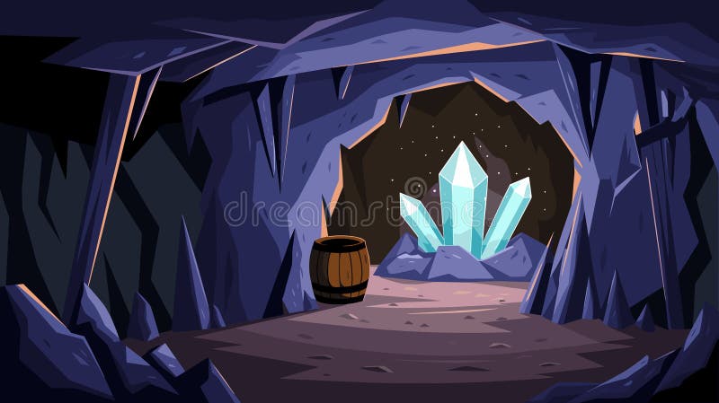 Enchanted Underground Cave with Glittering Crystals and Rustic Barrel ...