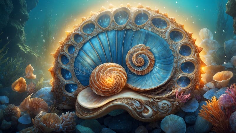 Glowing Abyss: a Shell of Hidden Sea Creatures Stock Illustration ...