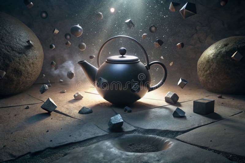 Enchanted Urban Still Life a Glowing Teapot and Floating Objects in an ...