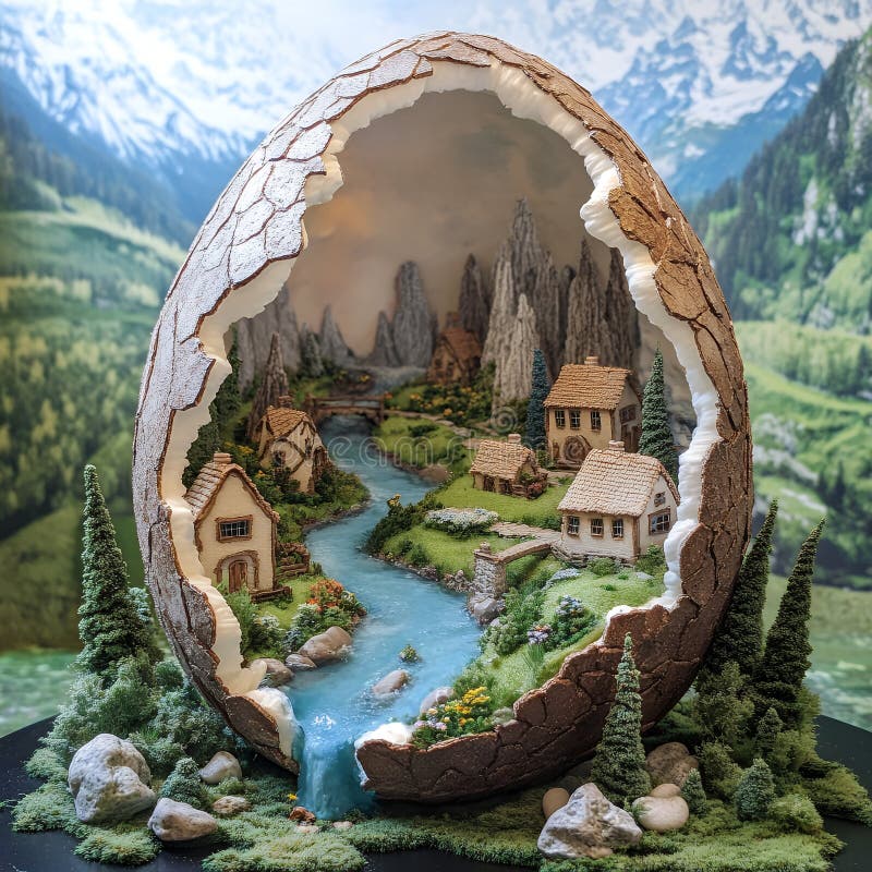Enchanted Village Miniature Inside Cracked Egg Shell Art Cute Blue Path ...