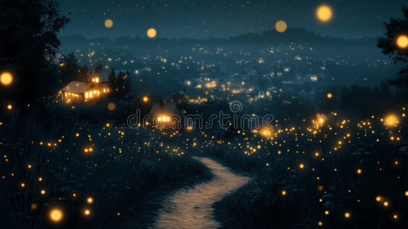 Enchanted Village at Night with Glowing Lights Stock Illustration ...
