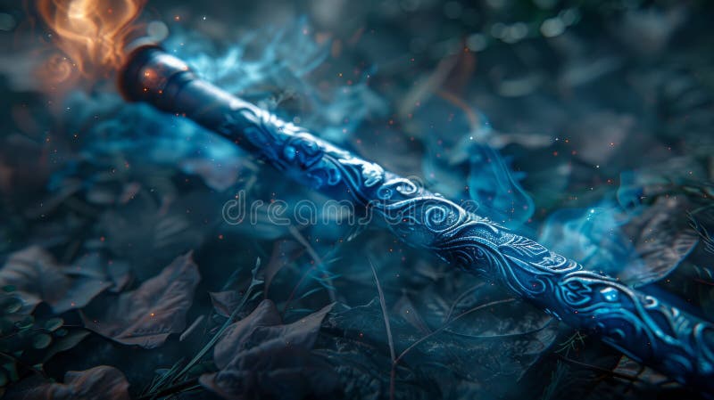 An Enchanted Wand with a Glowing Tip among Leaves. Stock Image - Image ...