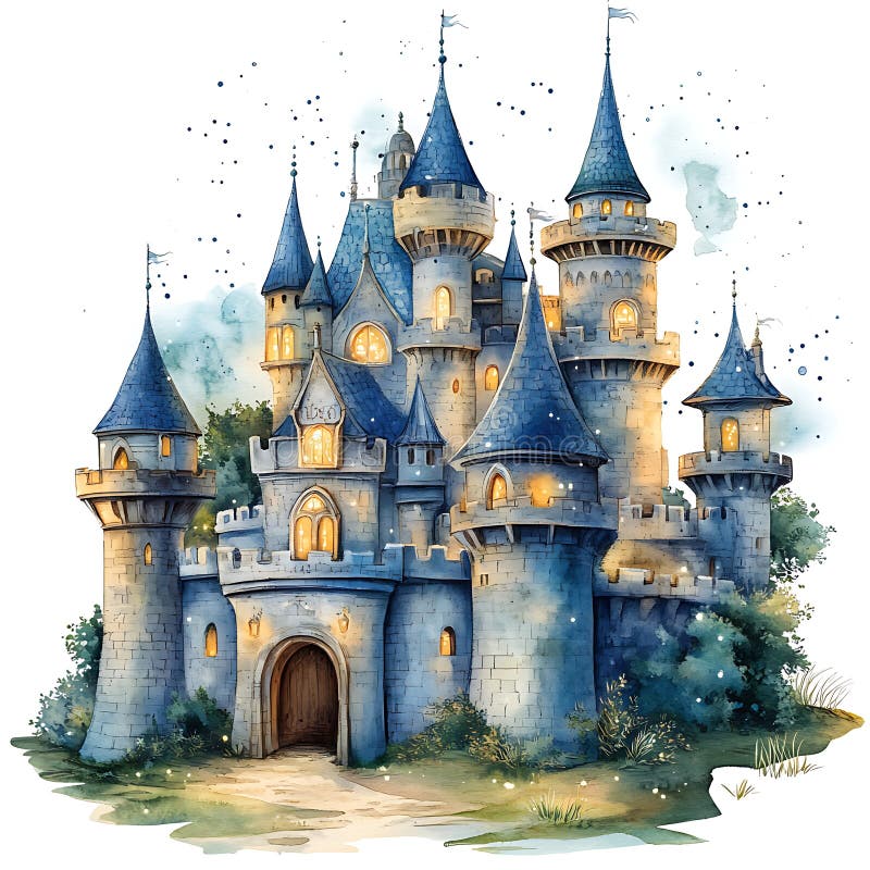 Enchanted Watercolor Castle at Night Stock Illustration - Illustration ...