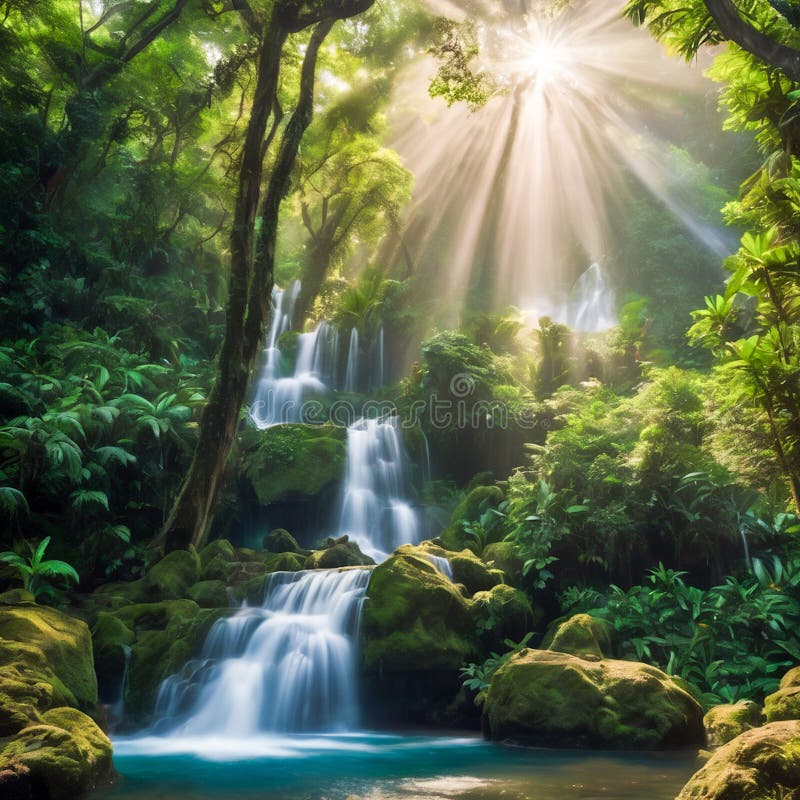 Enchanted Waterfall with Bright Sunlight Beams in Forest Stock Illustration - Illustration of ...