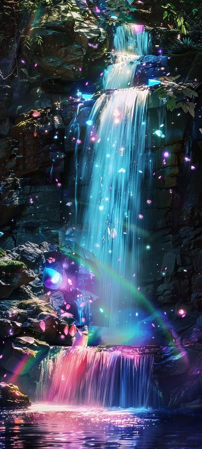 Enchanted Waterfall Cascading Over Glowing Crystals Creating a Magical ...