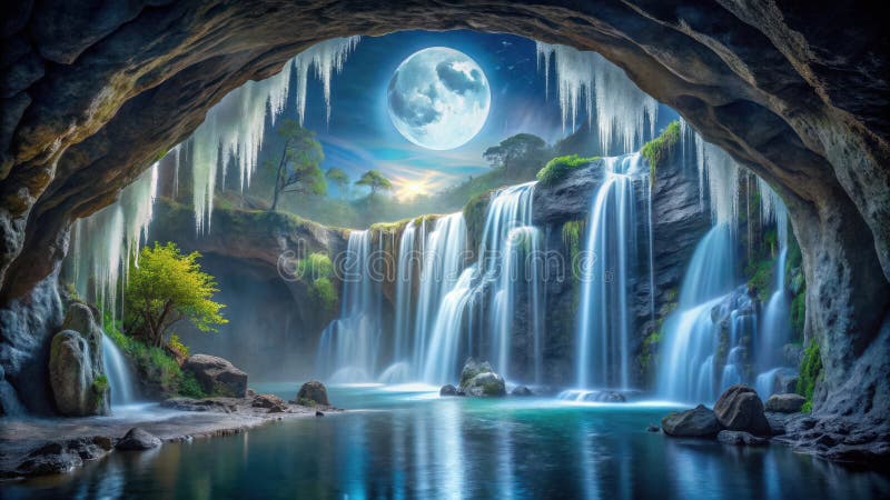 Enchanted Waterfall Cave Under a Full Moon S Glow. Generative AI Stock ...