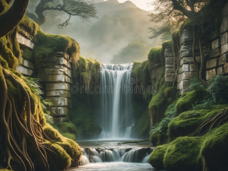 Enchanted Waterfall in a Fantasy Landscape Stock Photo - Image of ...