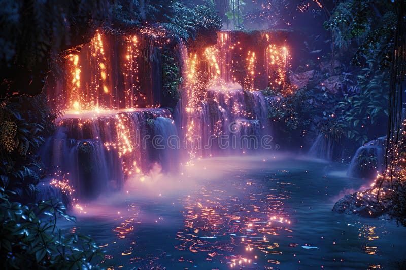 Enchanted Waterfall with Glowing Lights Stock Illustration ...