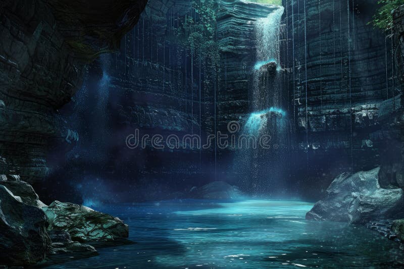 Enchanted Waterfall Grotto at Night Stock Image - Image of beauty ...