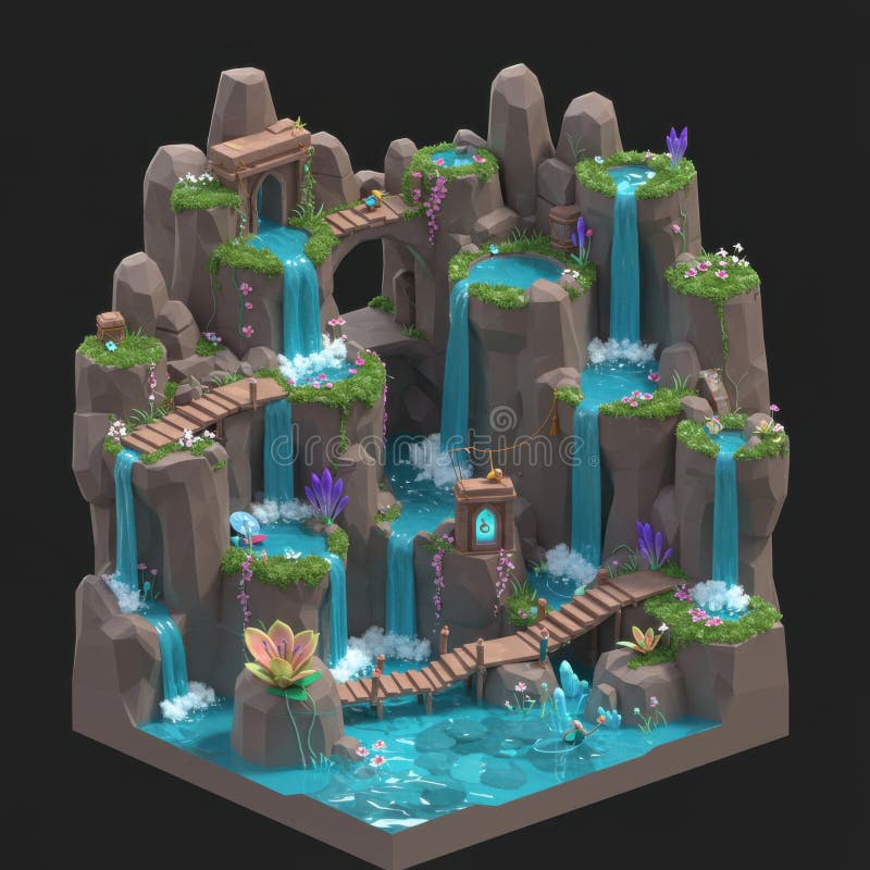 Enchanted Waterfall Landscape: Low Poly 3D Render Stock Illustration ...