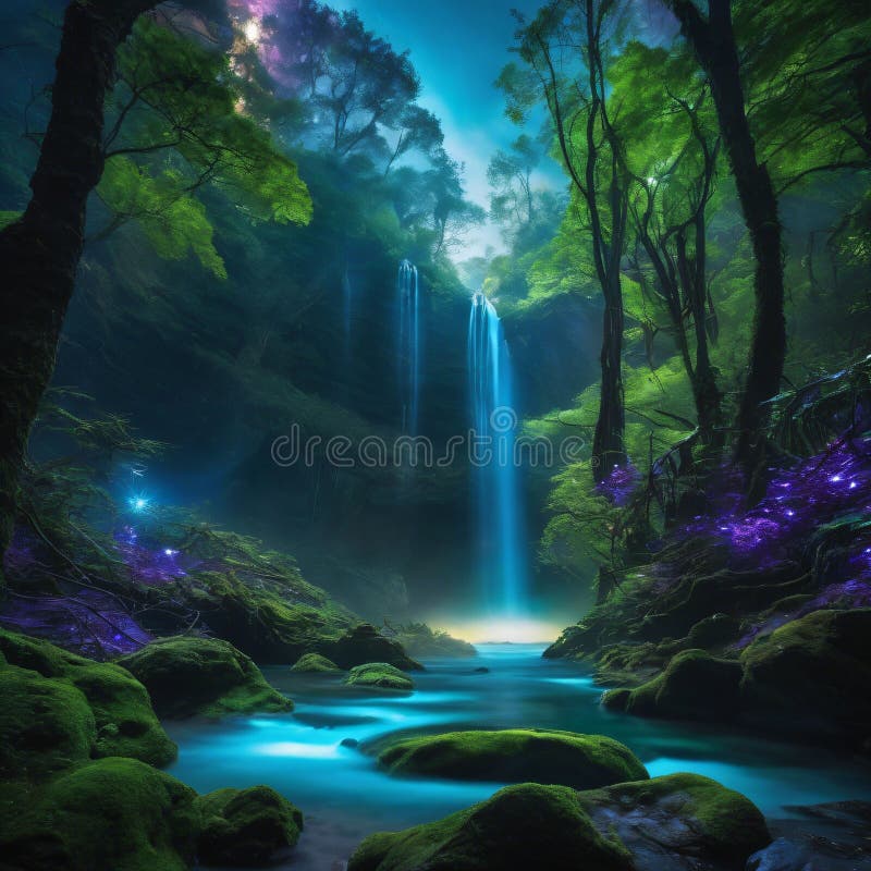 Enchanted Waterfall in a Magical Forest. Stock Illustration ...