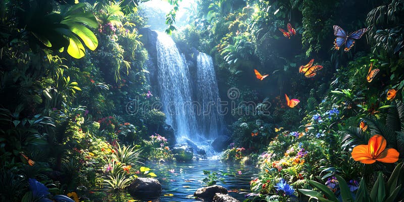 Enchanted Waterfall a Magical Forest Scene with Vibrant Flowers Stock ...