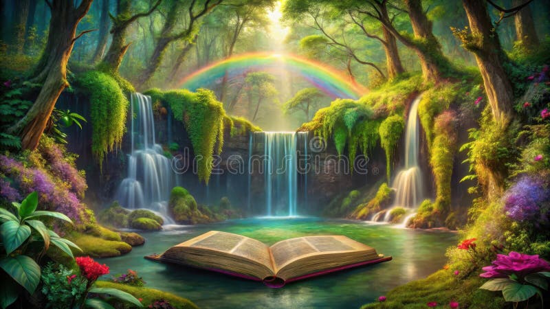 Enchanted Waterfall Oasis with Open Book at the Pool S Edge. Generative ...