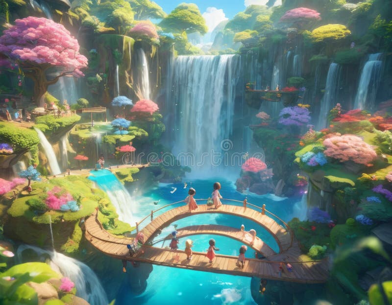 Enchanted Waterfall Oasis stock illustration. Illustration of blossoms ...