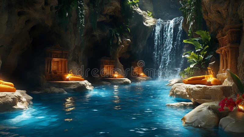 Enchanted Waterfall Sanctuary with Ancient Shrines and Crystal Blue ...