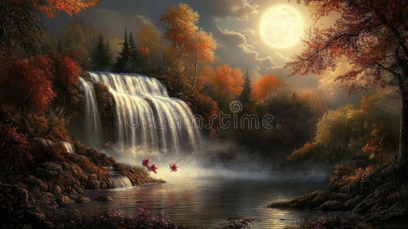 Enchanted Waterfall Under a Full Moon in Autumn Forest Stock Photo ...