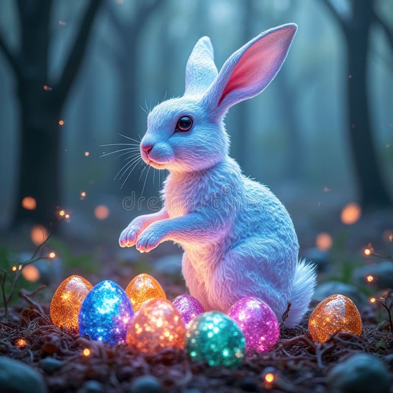 Enchanted White Rabbit in Mystical Forest with Colorful Luminous Eggs ...