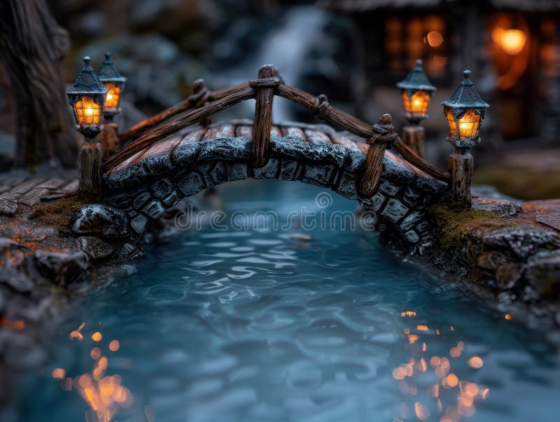 Enchanted Winter Bridge Over Glowing Pond Stock Illustration ...