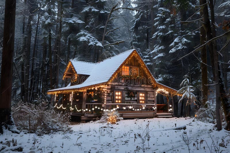 Enchanted Winter Cabin: Snowy Forest, Christmas Lights Stock ...