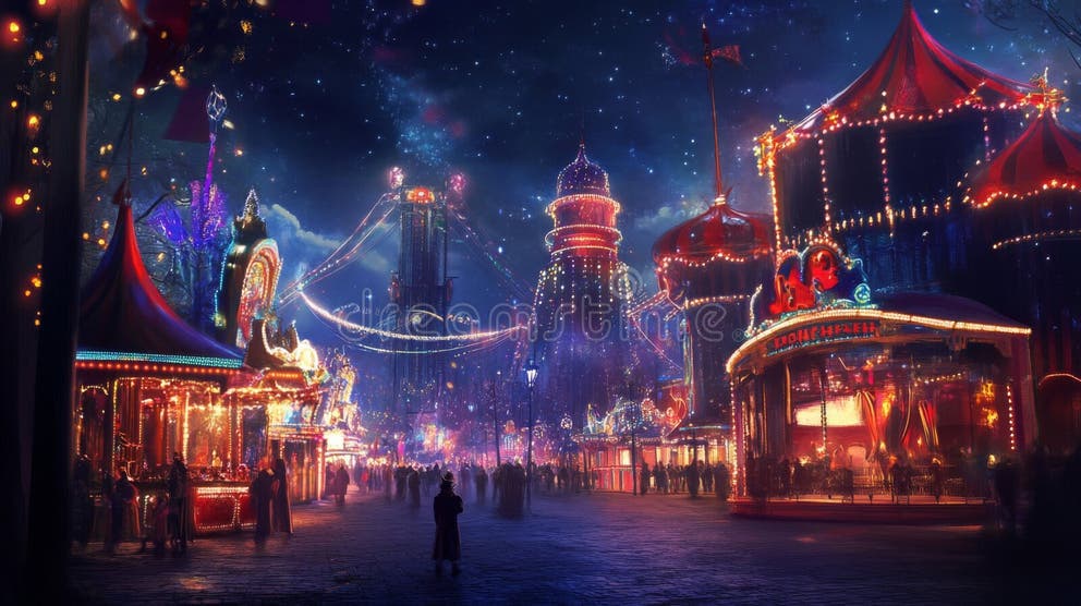 Enchanted Winter Carnival at Night Stock Illustration - Illustration of ...