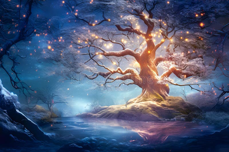 Enchanted Forest with Big Tree Stock Illustration - Illustration of ...