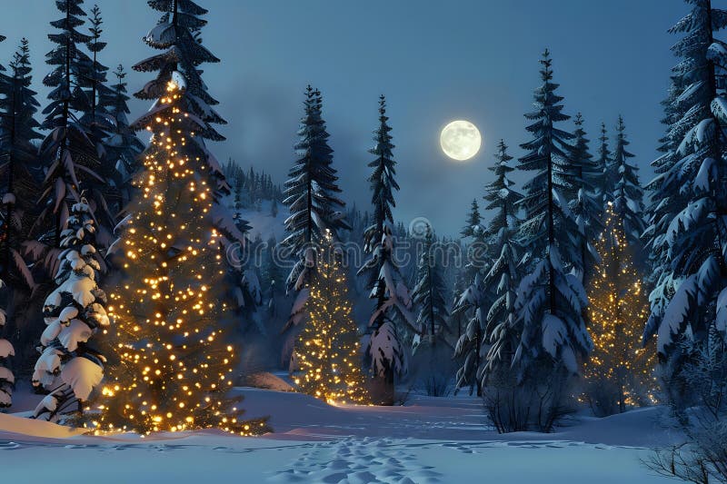 Enchanted Winter Forest: Christmas Trees Glimmering Under the Full Moon ...