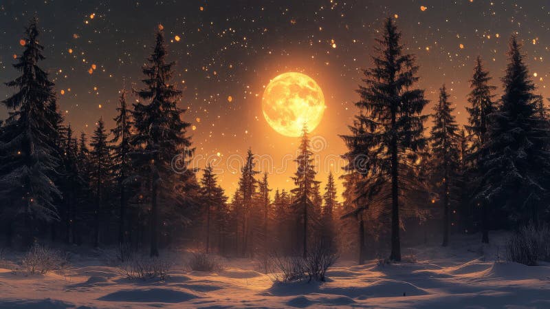 Enchanted Winter Forest with Glowing Moon and Falling Snow Stock ...