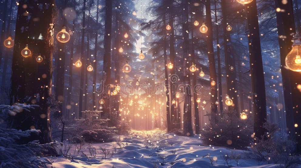Enchanted Winter Forest with Illuminated Hanging Lanterns and Snowfall ...