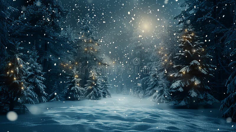 Enchanted Winter Forest at Night with Snowfall, Lights, and Stars in ...