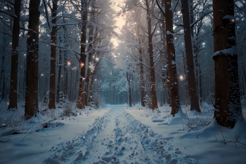 Enchanted Winter Forest Path, Snow, Lights, and Magic Stock ...