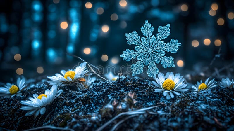 Enchanted Winter Forest Scene Daisies Snowflake Royalty Free Image ...
