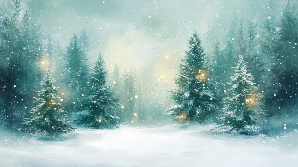 Enchanted Winter Forest Scene with Snow Falling and Glowing Lights Stock Illustration ...
