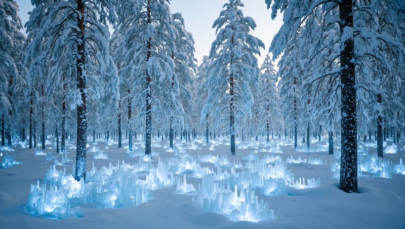 Enchanted Winter Forest with Silver Ice Trees and Glowing Blue Lights ...