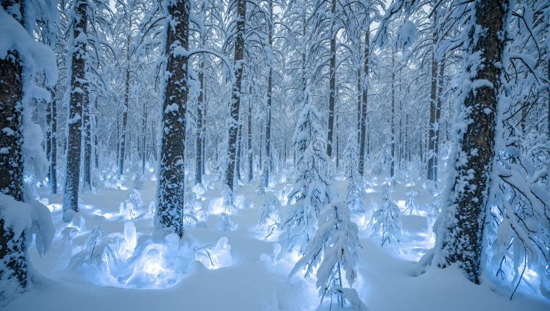Enchanted Winter Forest with Silver Ice Trees and Glowing Blue Lights ...